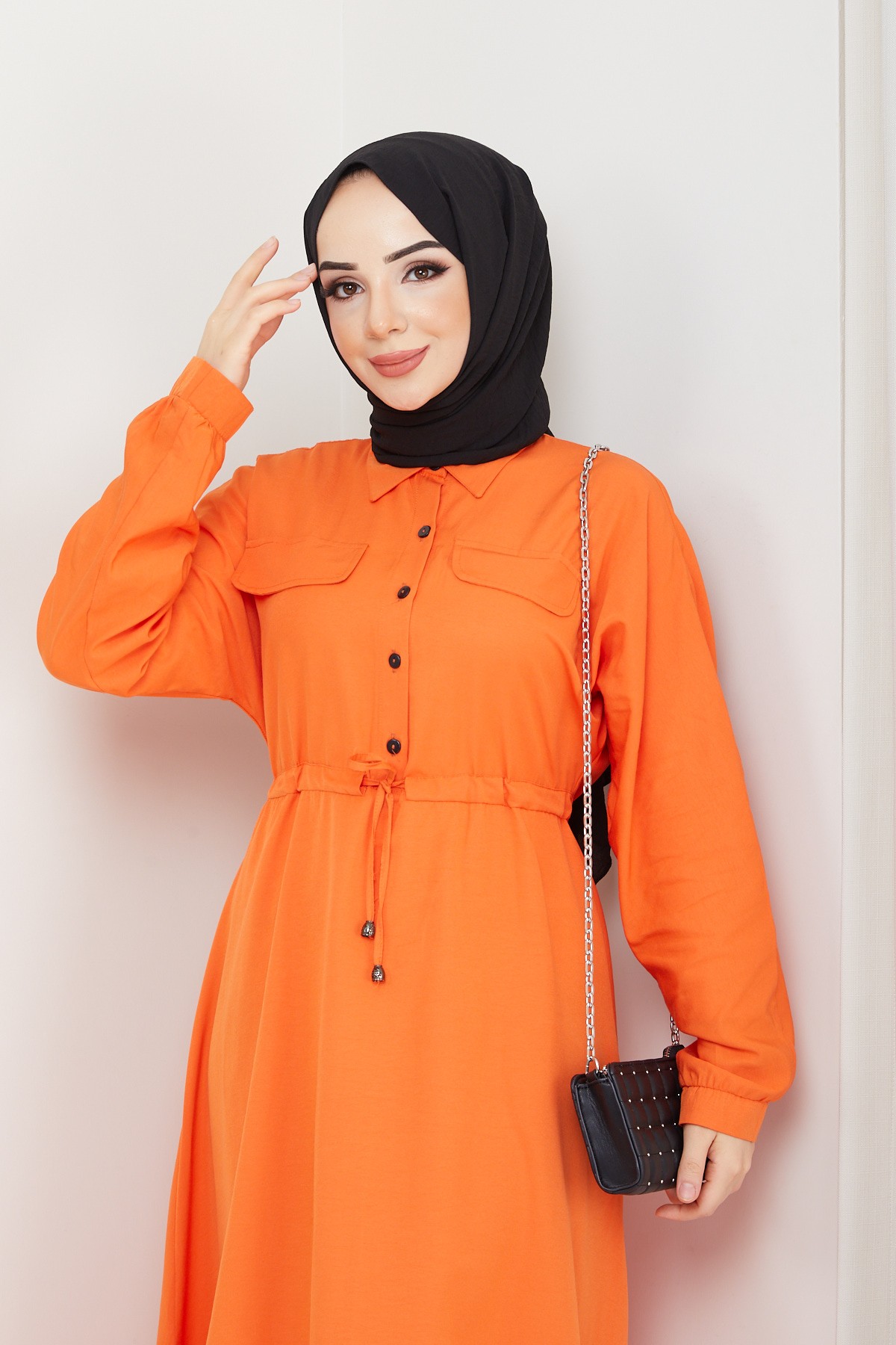 Ela Tesettür Elbise - Oranj